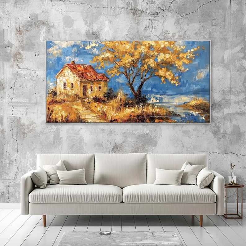 Hand-painted Textured Rustic Cottage Landscape Oil Painting Autumn Tree ...