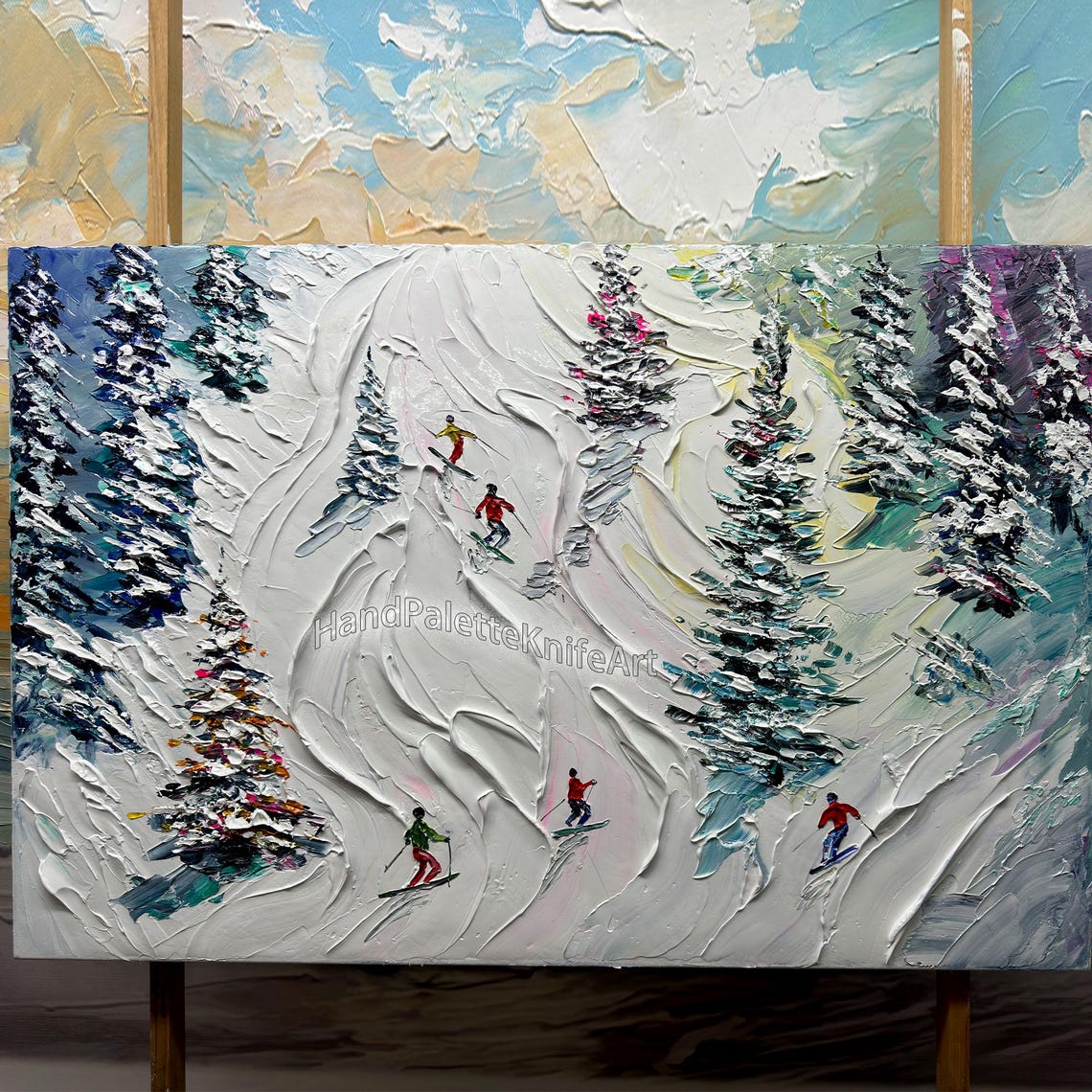 3D Hand Palette Knife Painting Original Skiing Snow Mountain Art Winter ...