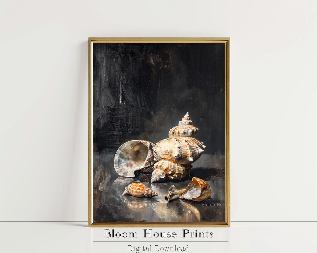 Printable Oil Painting of Shells on Black Background, Shell Wall Art ...