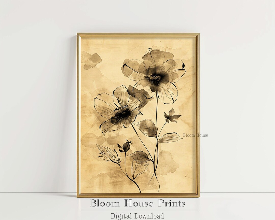 Printable Sepia Coloured Ink Flower Art, Sepia Floral Wall Art Digital ...