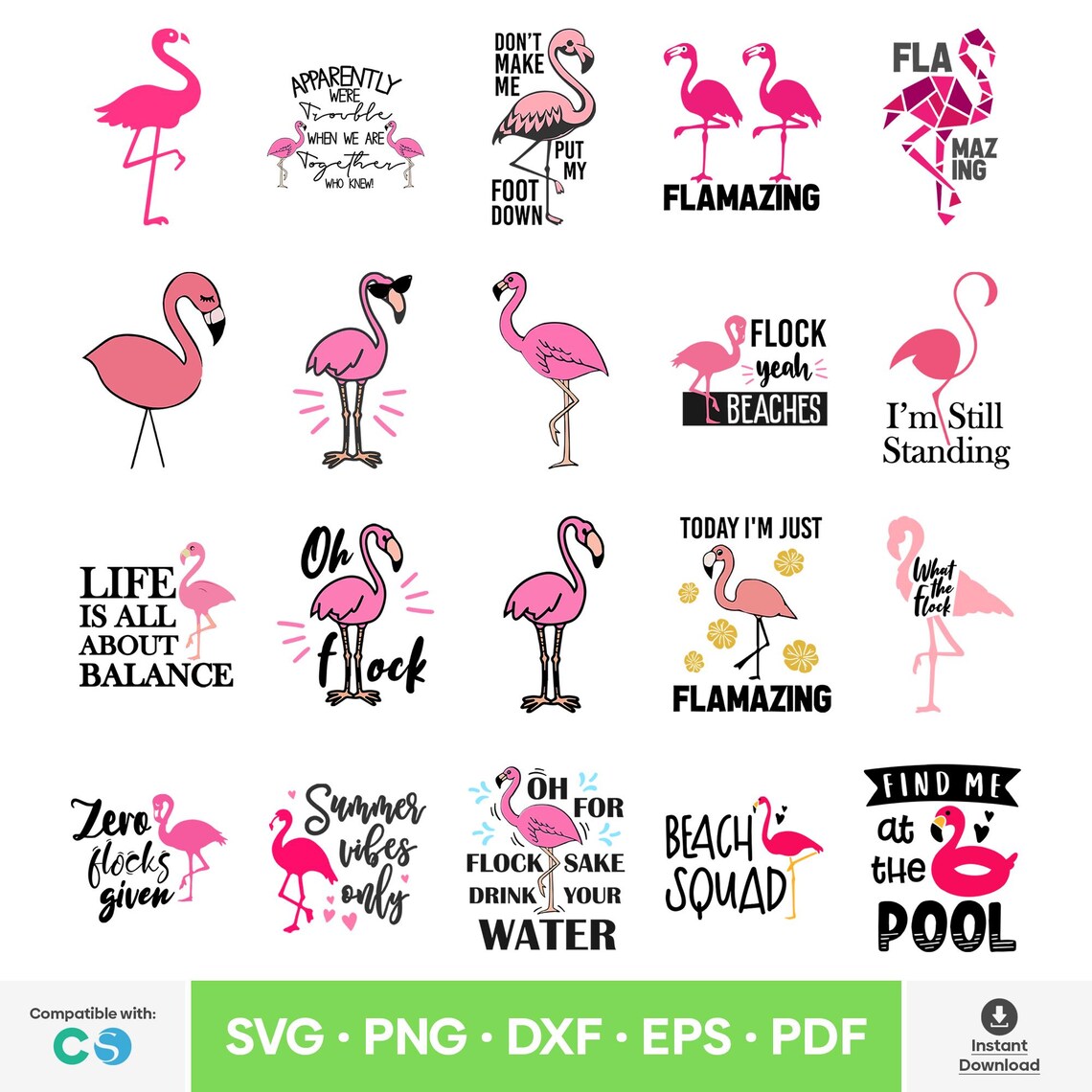 20 Pcs. Flamingo SVG Bundle Flamazing PNG Funny Quotes DXF Summer Beach ...