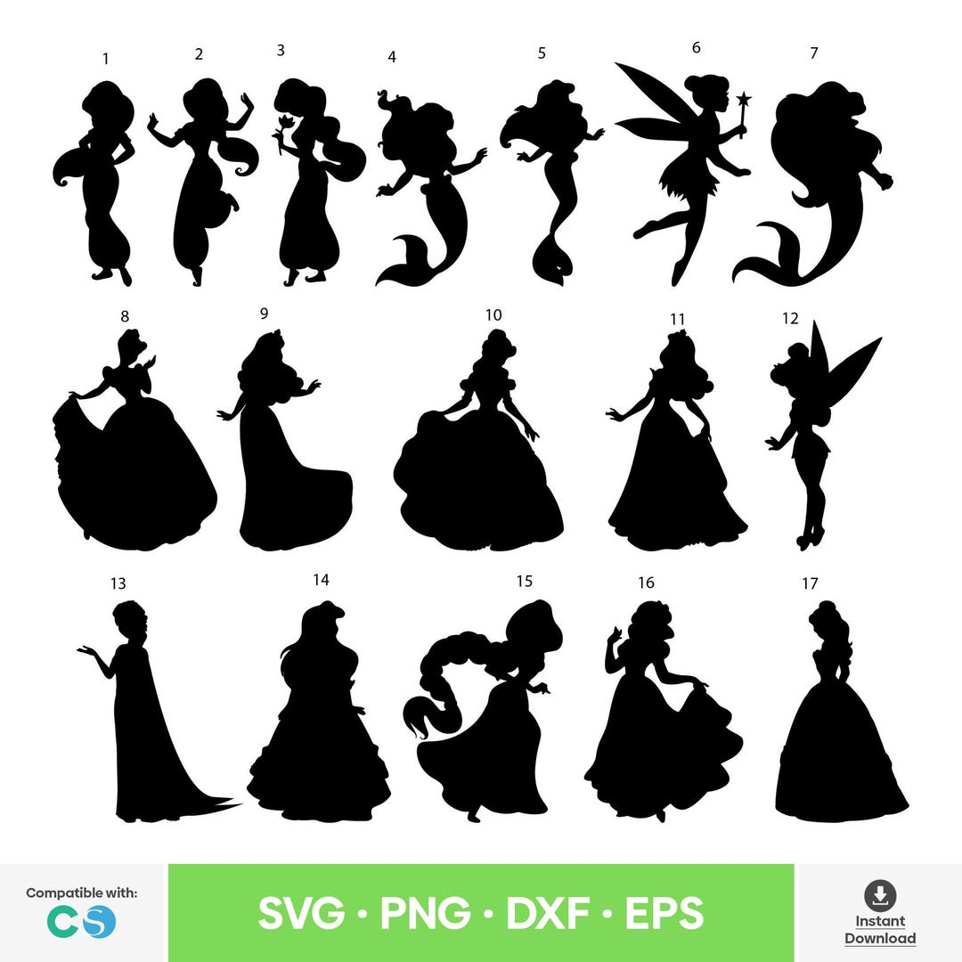 17 Pcs. Disney Princess Silhouette Bundle SVG Disney Fairy PNG Castle ...