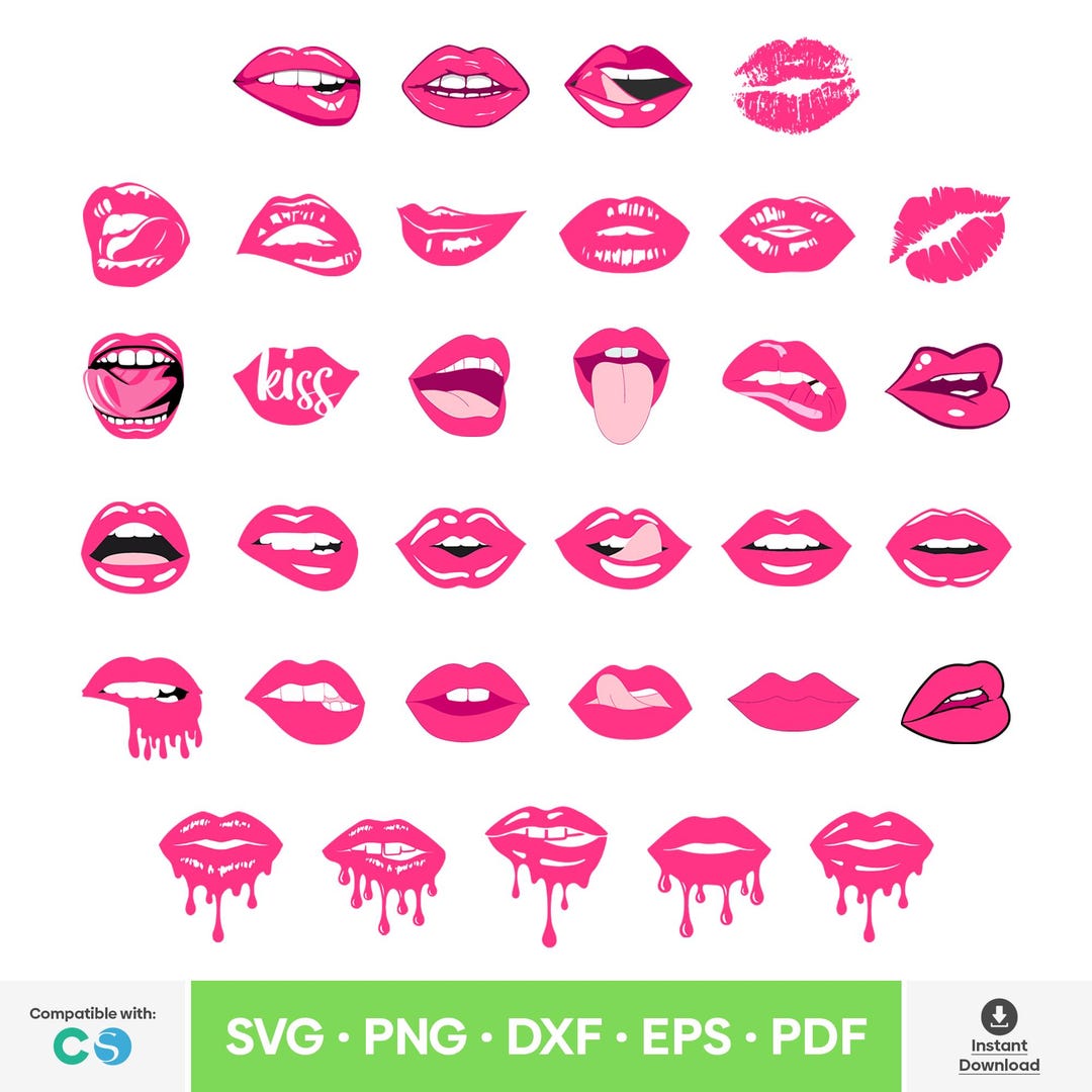 33 Pcs. Pink Lips Designs SVG Bundle Kissing Lips PNG Lip Art DXF Pdf ...
