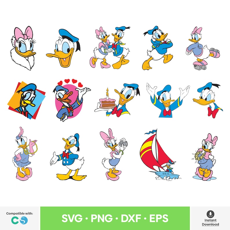 15 Pcs. Donald Duck SVG Bundle Daisy Duck PNG Donald & Daisy DXF Eps ...