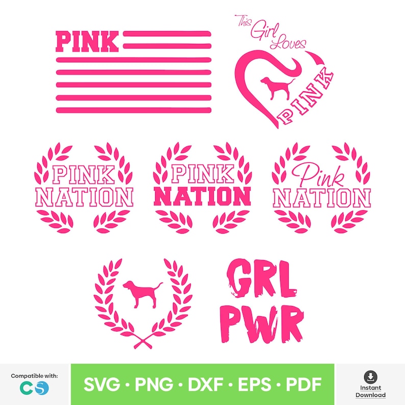 7 Pcs. Pink Nation SVG Love of Pink PNG Girl Power DXF Pink Dog Pdf ...