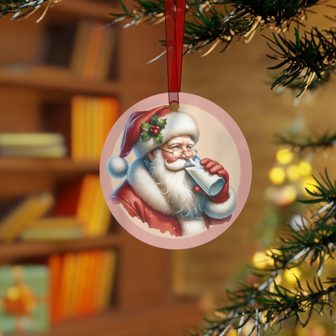 Santa Claus Drinking Milk Christmas Ornament, Round Metal Ornament ...