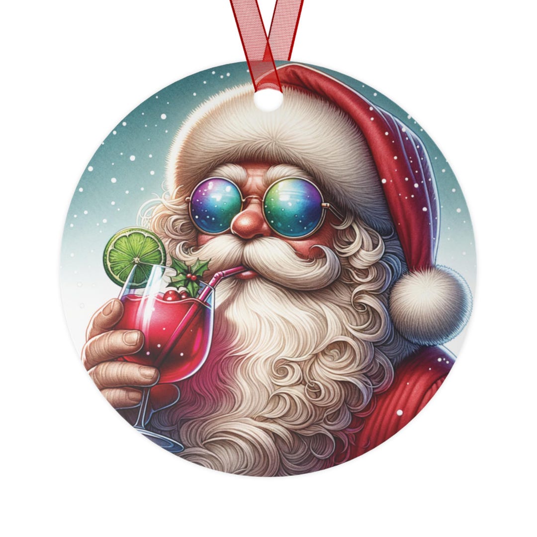 Santa Claus Drinking Cocktail Christmas Ornament, Round Metal Ornament ...