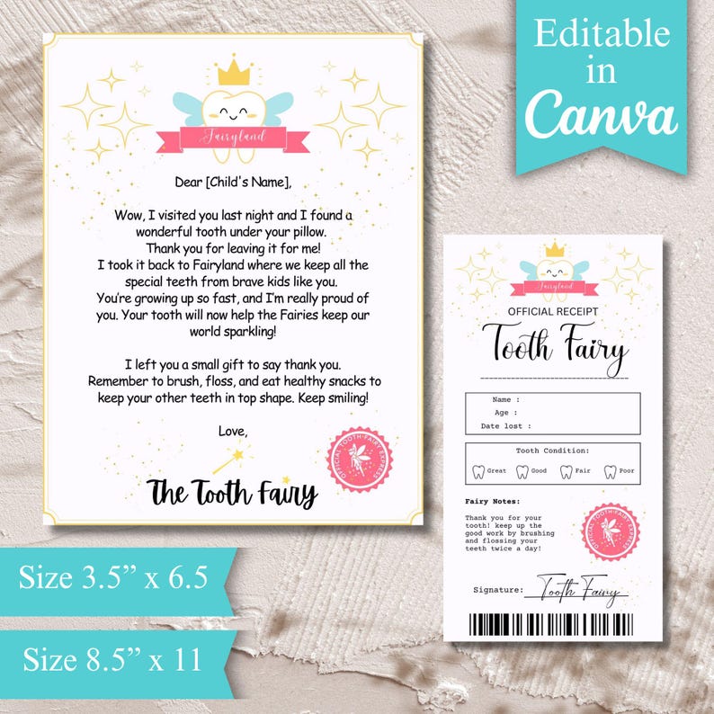 Tooth Fairy Letter & Receipt Template | Printable Tooth Certificate for ...