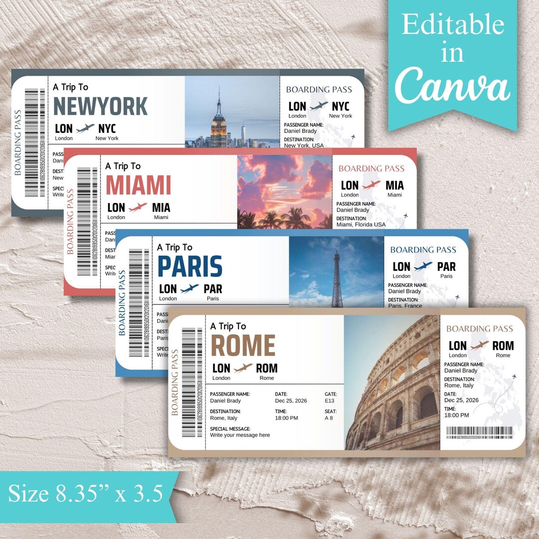 8 Editable Boarding Pass Canva Template | Printable Airline Ticket Gift ...