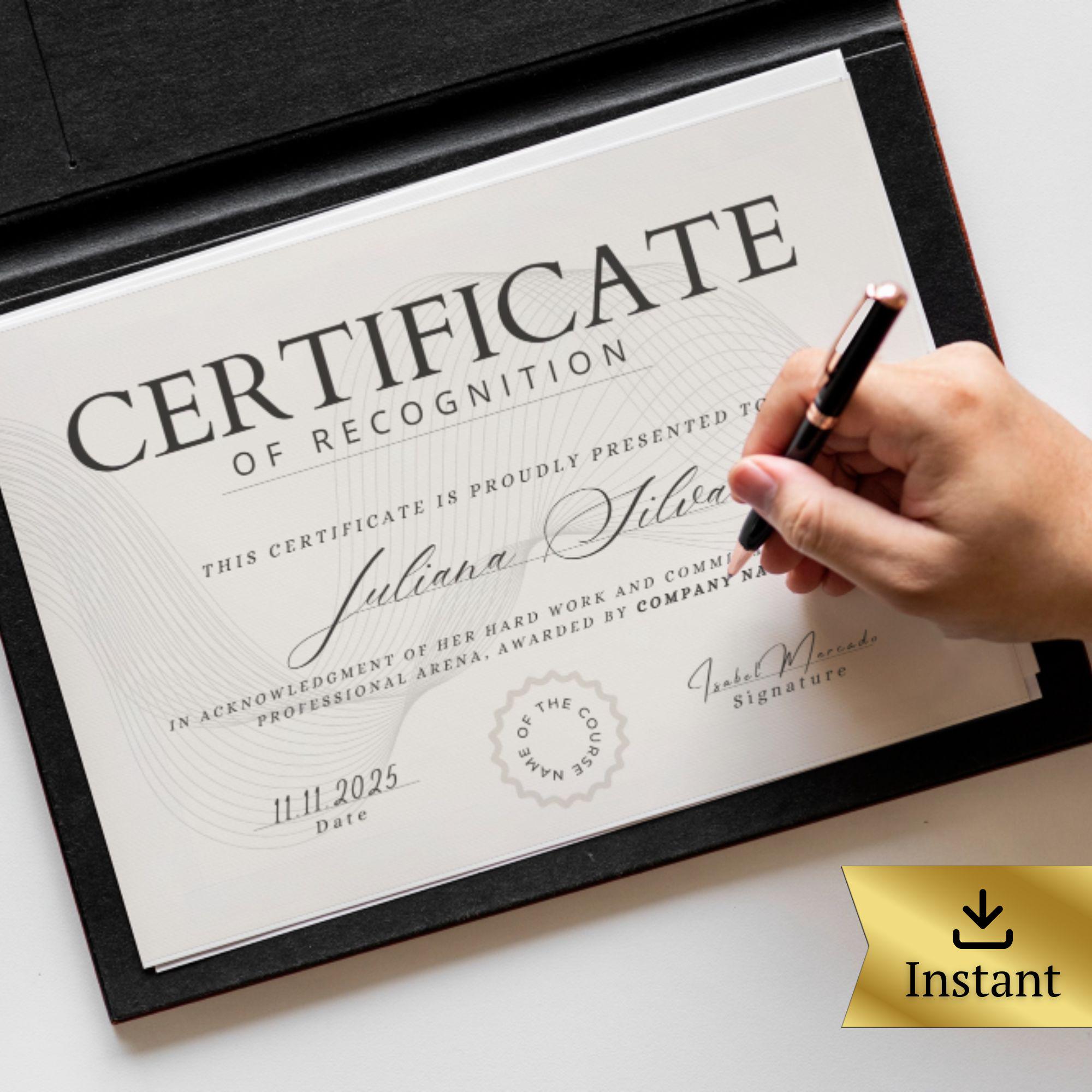 Certificate of Recognition Template, Printable Course Certificate of ...