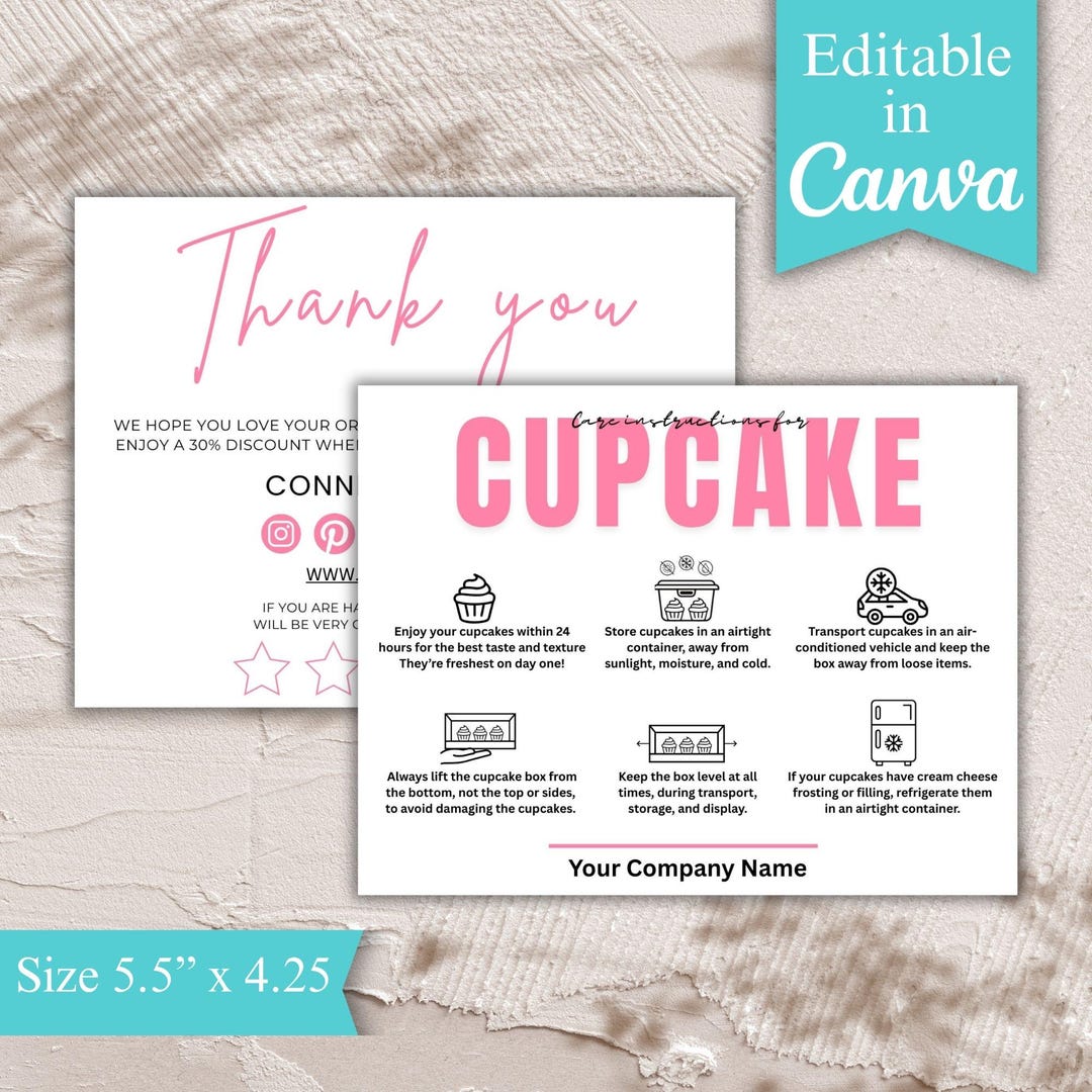Cupcake Care Card Template | Editable Care Instructions | Thank You ...