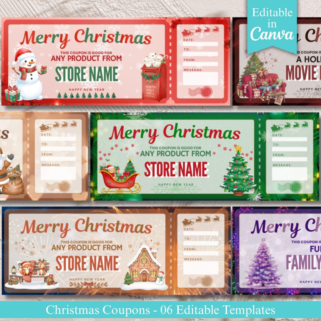 Christmas Coupon Template Bundle | 6 Editable Canva Gift Vouchers ...