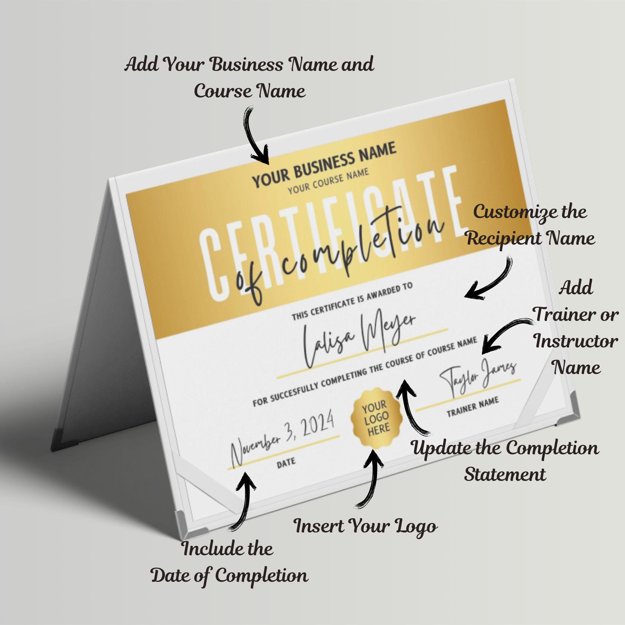 Gold Certificate of Completion Template, Printable Course Certificate ...