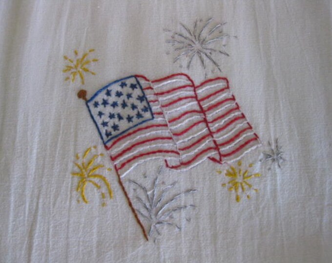 American Fourth of July Flag and Fireworks Hand Embroidered Dish Towel ...