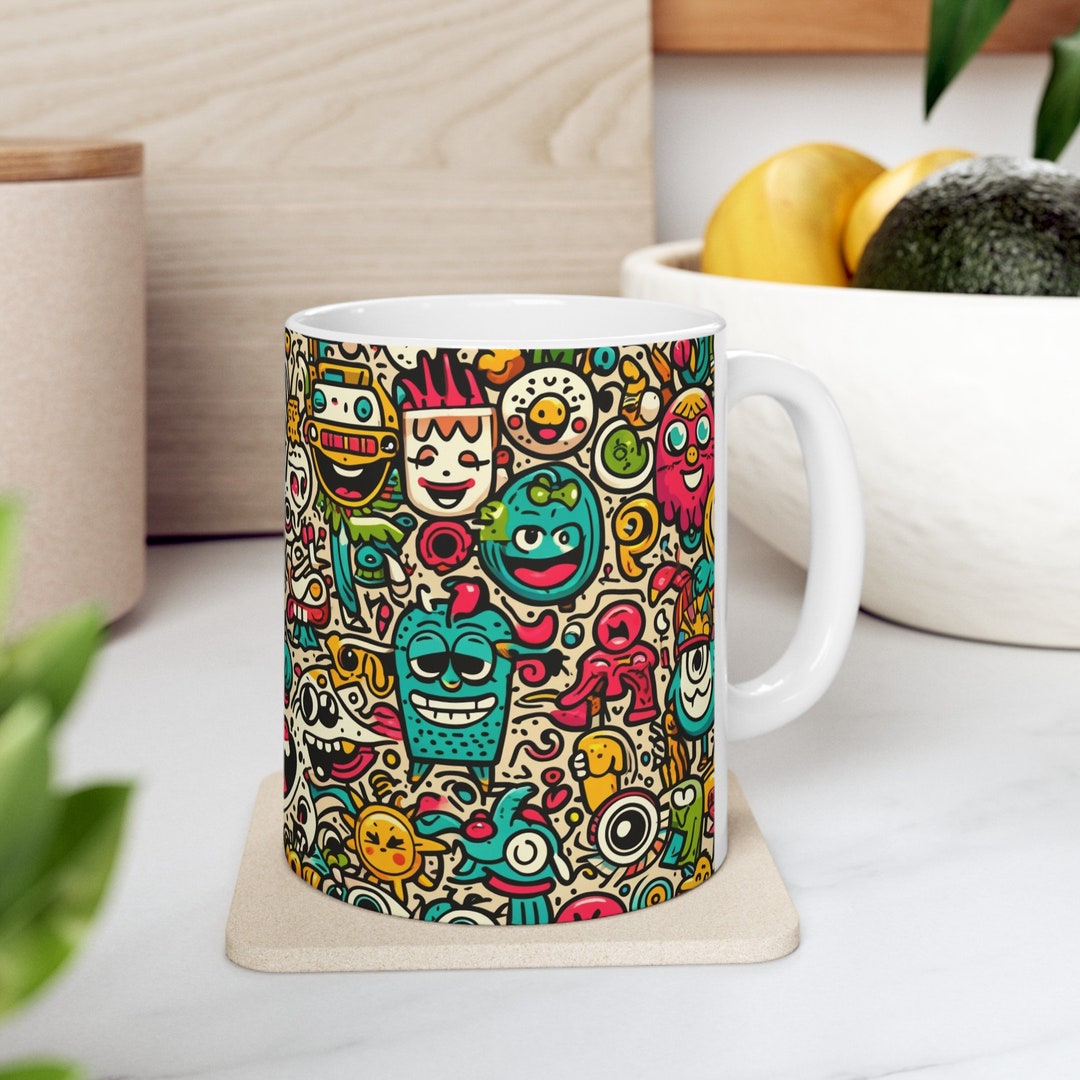 Wacky Faces Mug Colorful Cartoon Characters Design Unique Coffee Cup ...