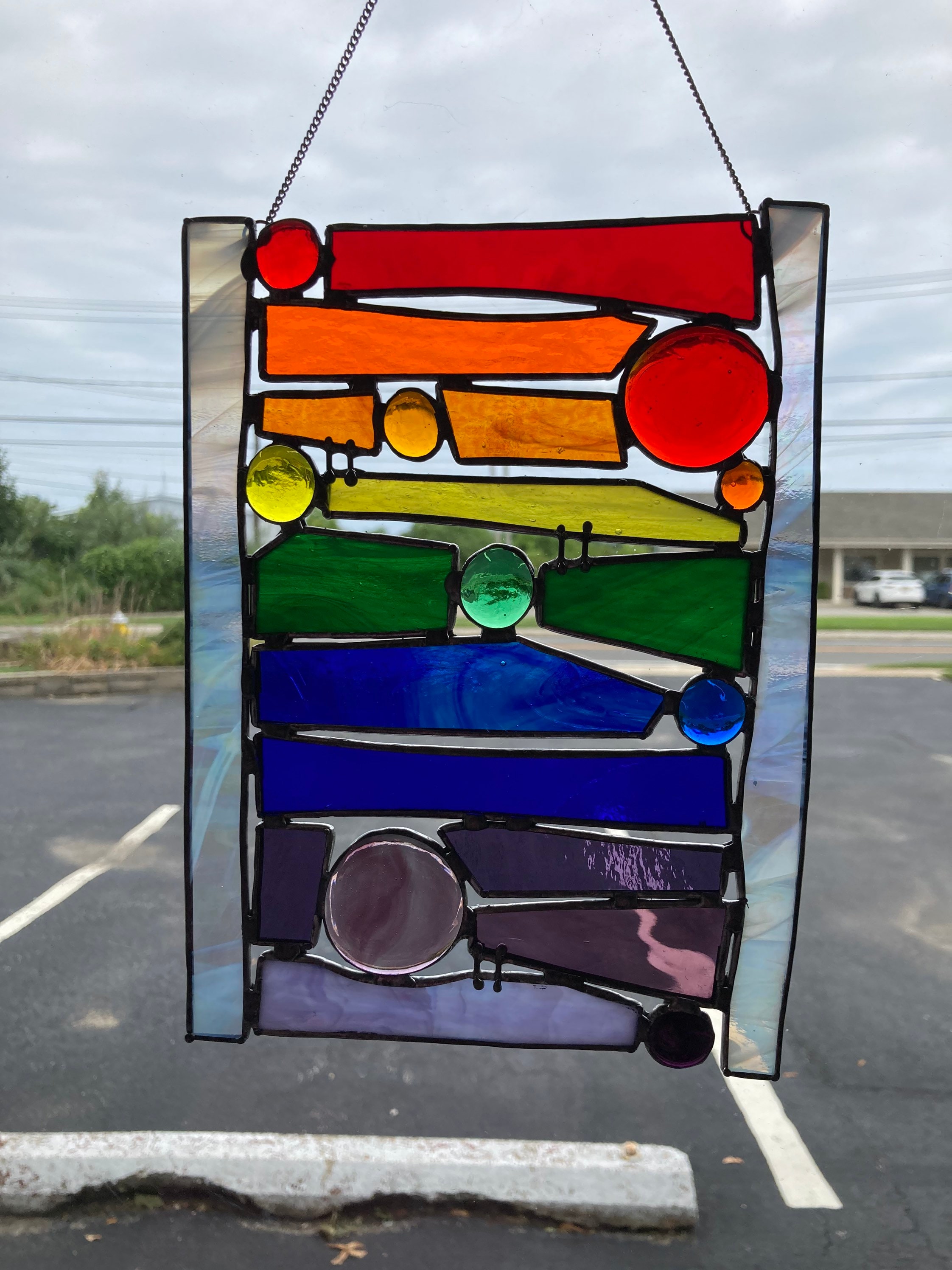 Stained glass suncatcher, abstract rainbow glass, hanging glass panel ...