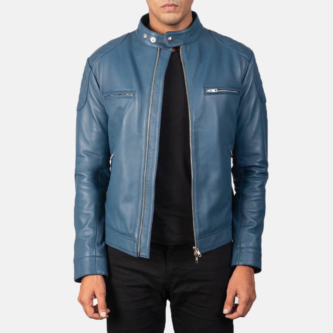 Classic Blue Men’s Leather Jacket - Etsy