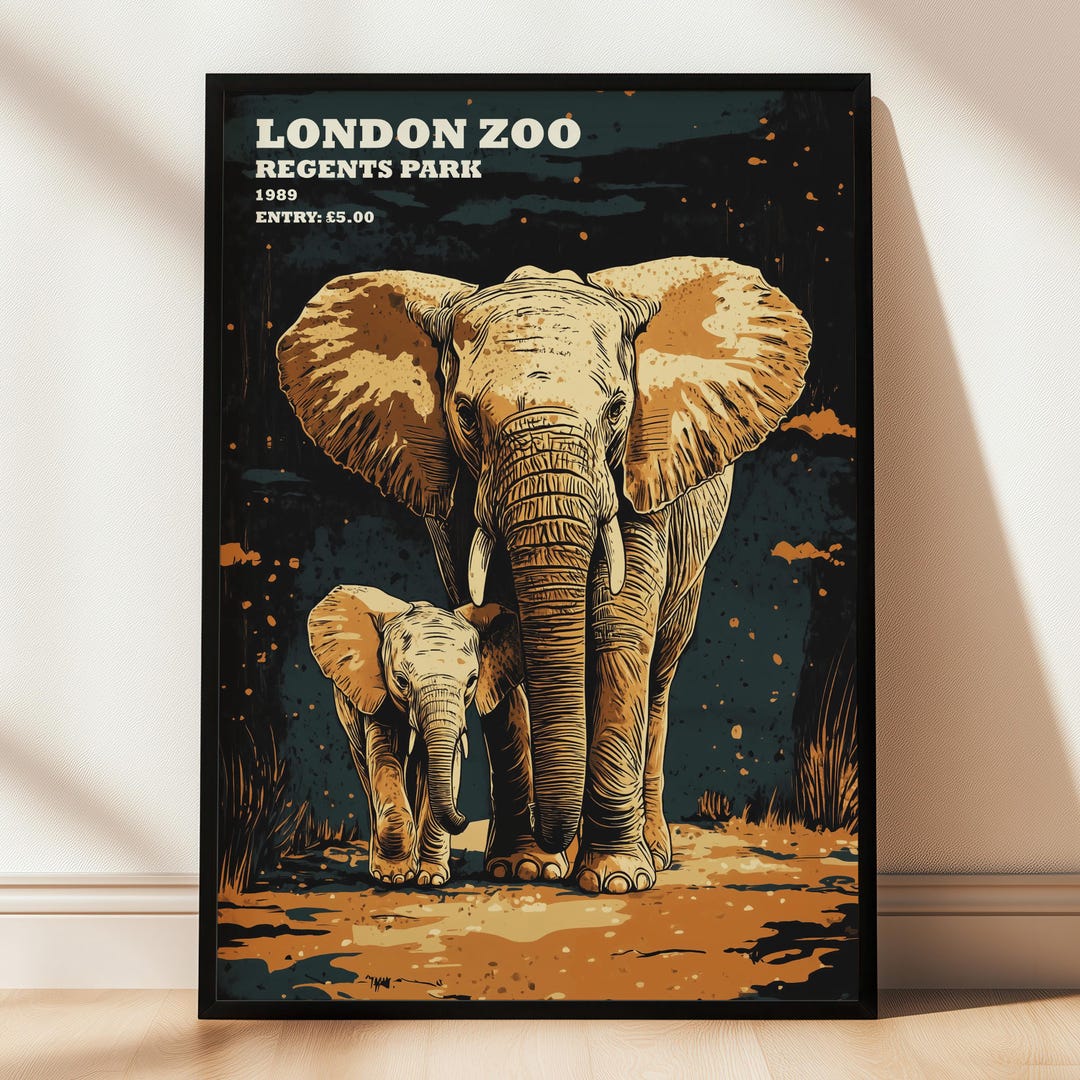 Cute Baby Elephant Poster – 1980s African Style Zoo Print, Bold Colour ...