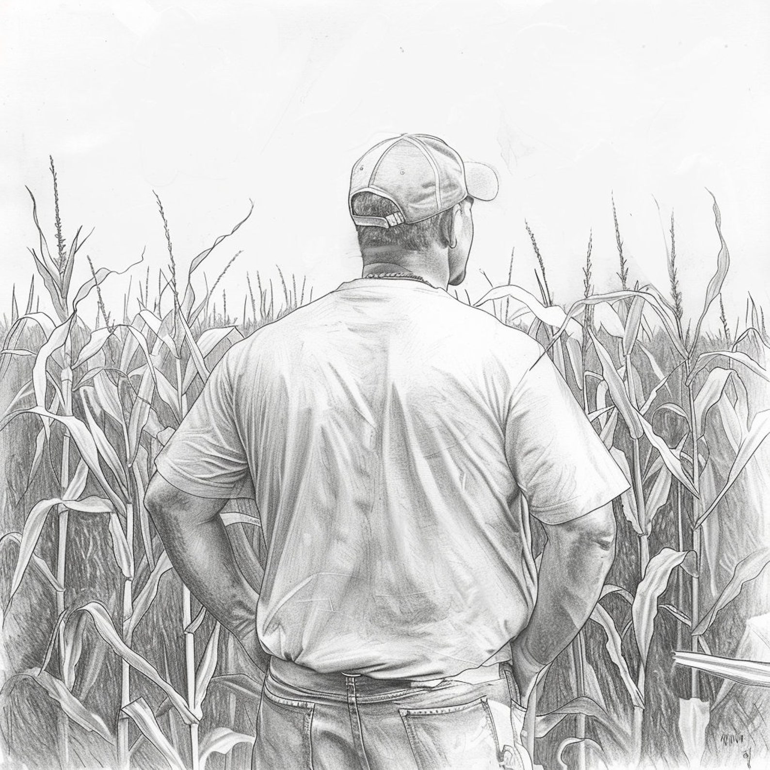 Pencil Drawing of Corn Farmer, Digital Download Art, Outdoors, Midwest ...