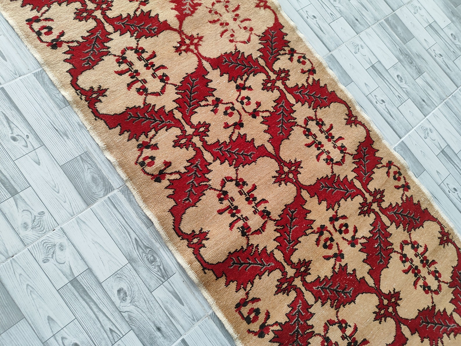 3x8 Beige Red Black Brown Turkish Runner, 3x8 Handmade Oushak Runner ...