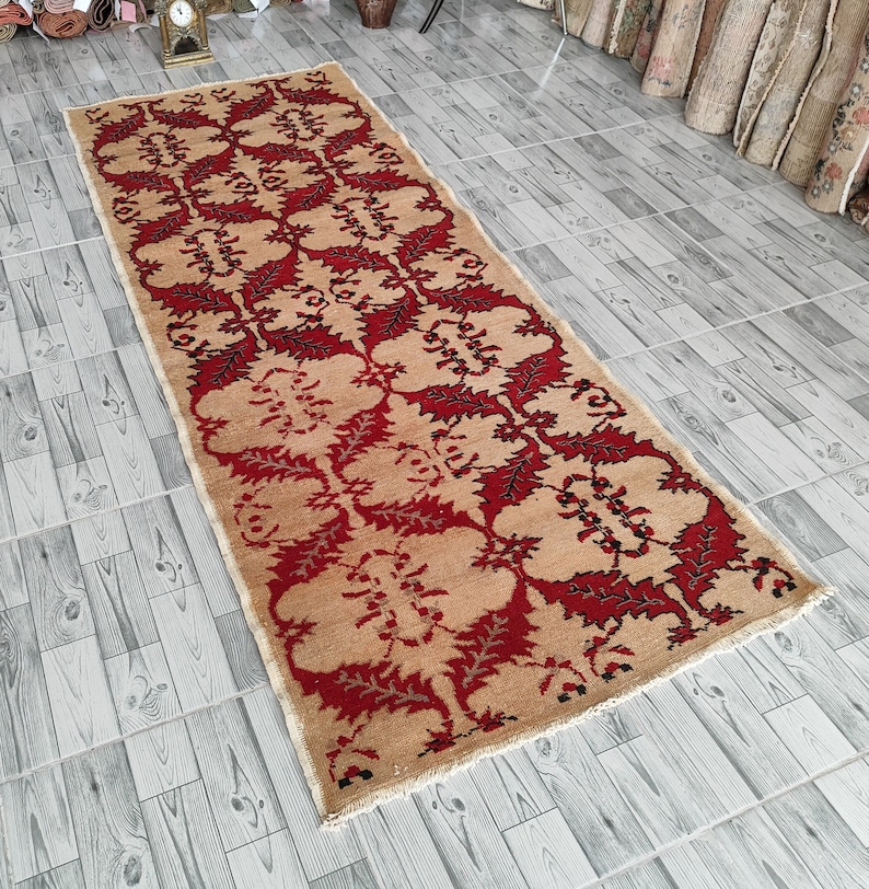 3x8 Beige Red Black Brown Turkish Runner, 3x8 Handmade Oushak Runner ...