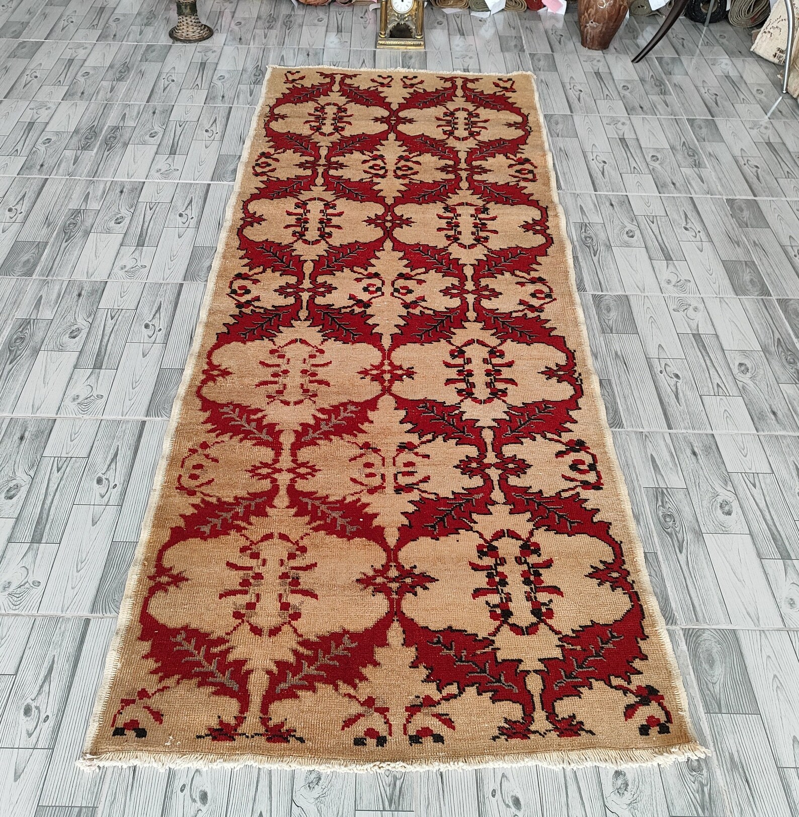 3x8 Beige Red Black Brown Turkish Runner, 3x8 Handmade Oushak Runner ...