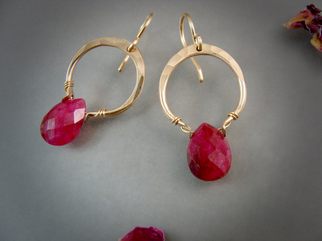 Ruby Dangle Earrings: Hammered 14k Gold Filled Hoops - Etsy