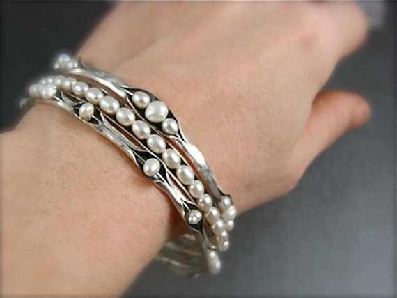 pearl bangle stack set ... three bangles, stack bangles, set of three ...