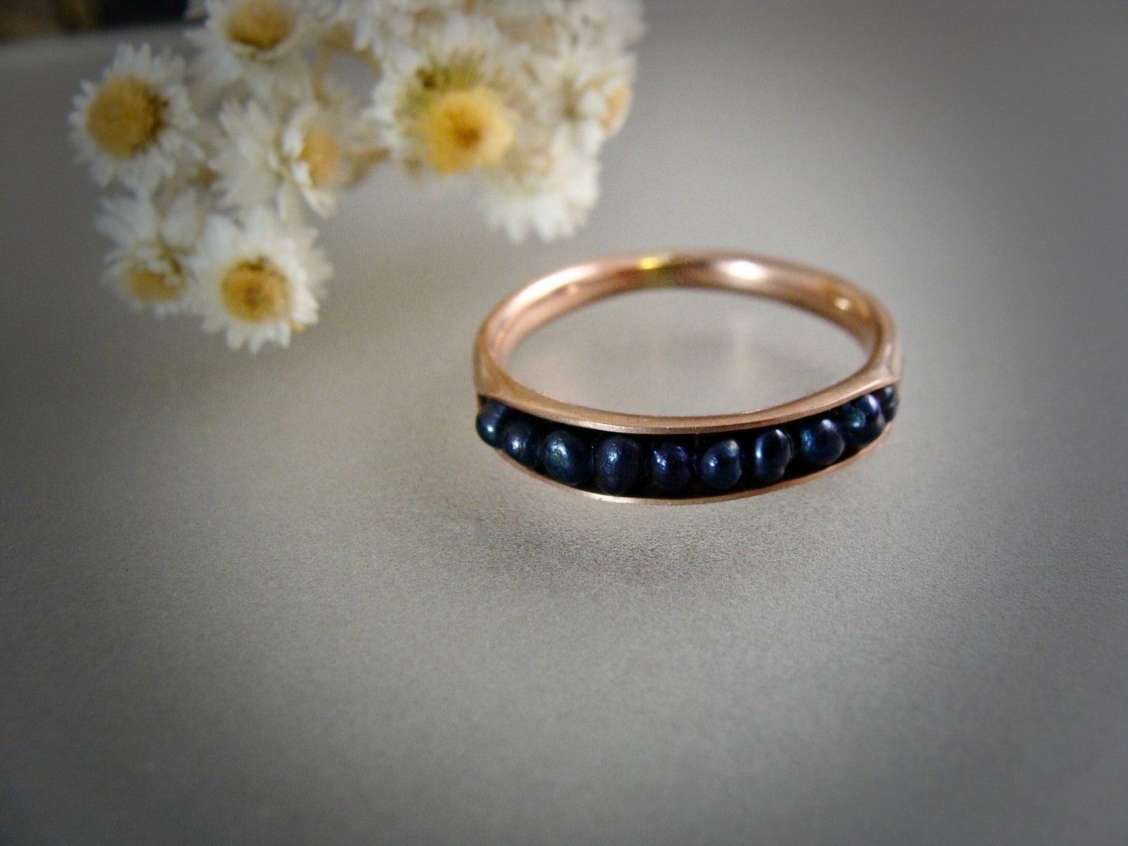 Solid 14k Rose Gold Peacock Pearl Stacking Ring – Cottagecore Band ...