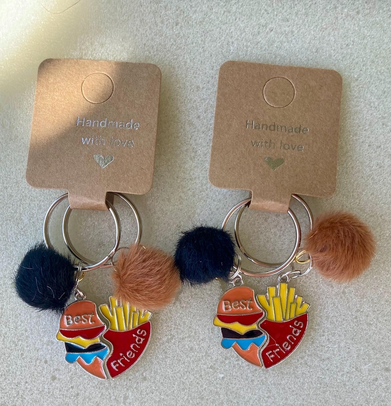 Best Friend Keychain Set, Heart Charm & Pompom - Etsy
