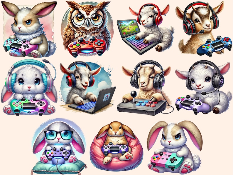 Gamer Animals Clipart – Playful Gaming PNG Illustrations (digital ...