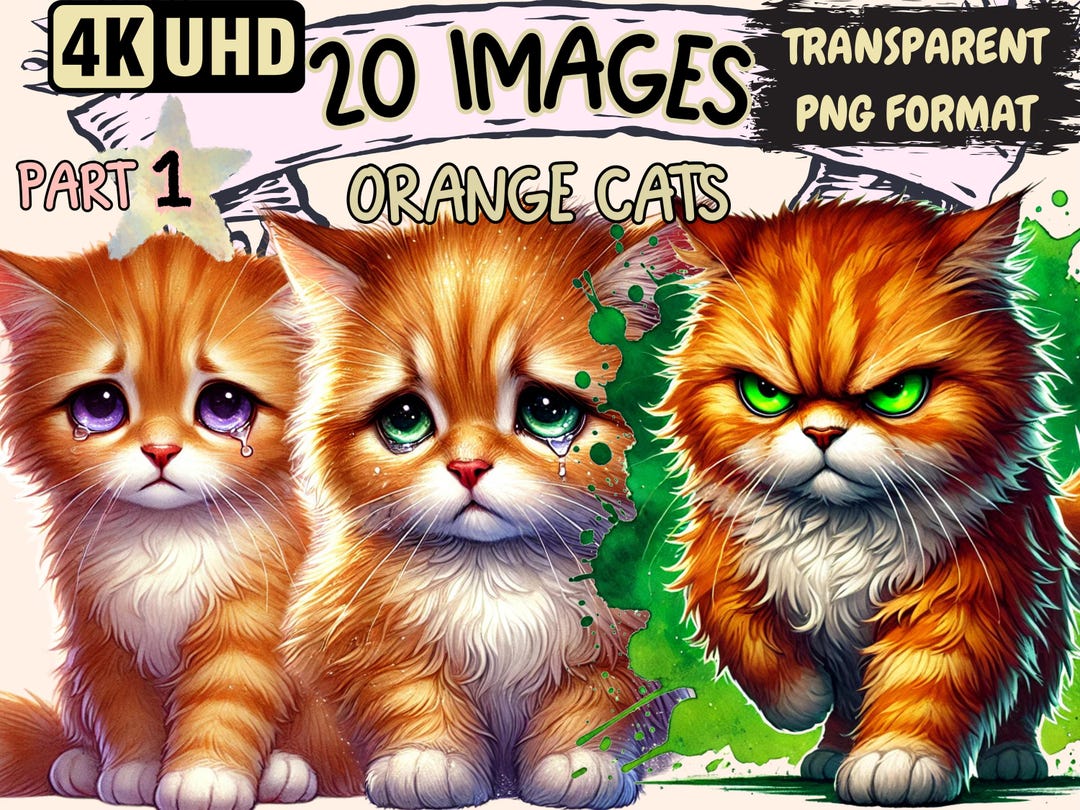 Orange Cats Clipart - 20 PNG Ginger Feline Illustrations, Adorable Cute ...