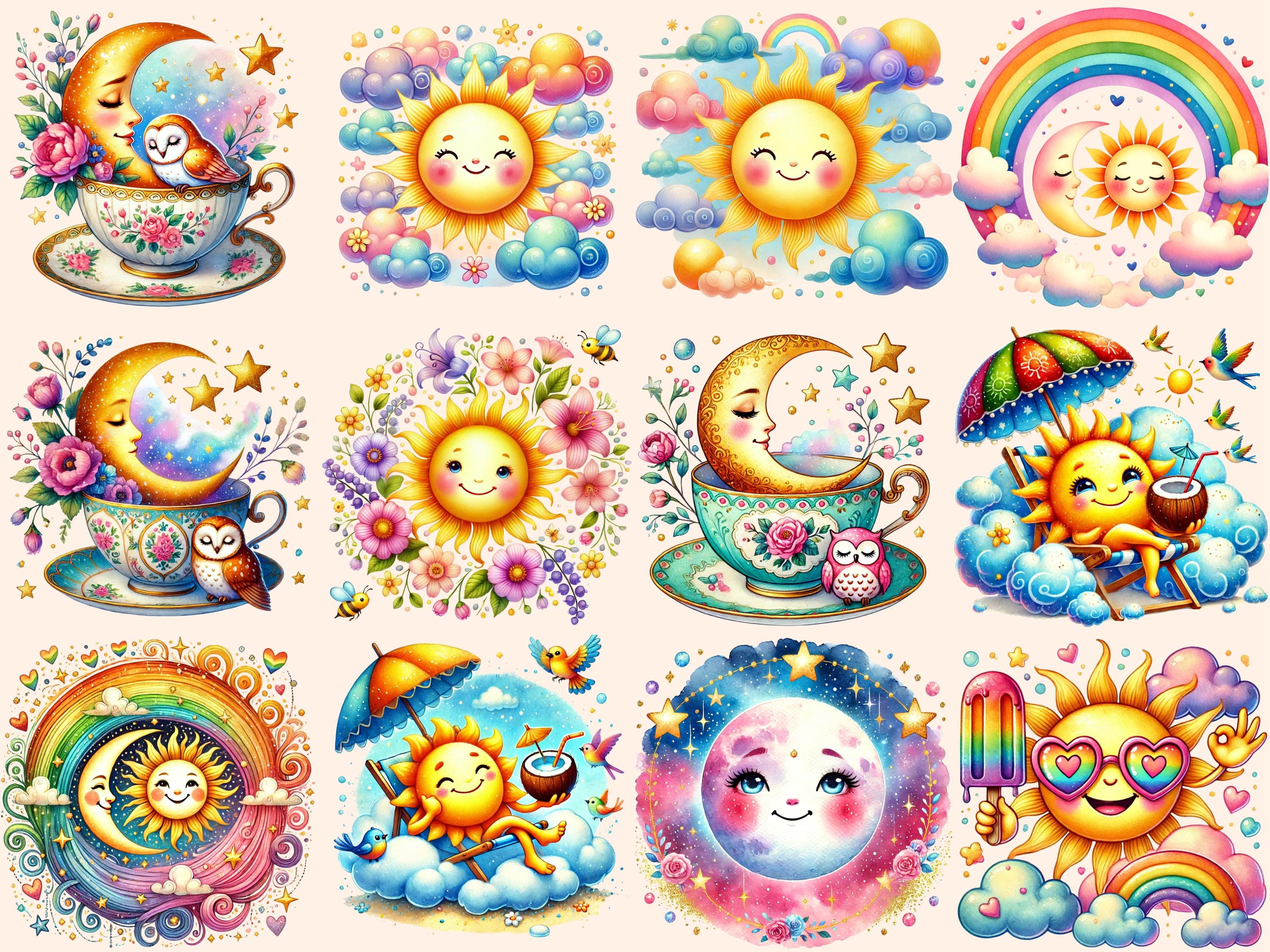 Smiling Sun & Moon Clipart – Whimsical Celestial PNG Graphics (digital ...