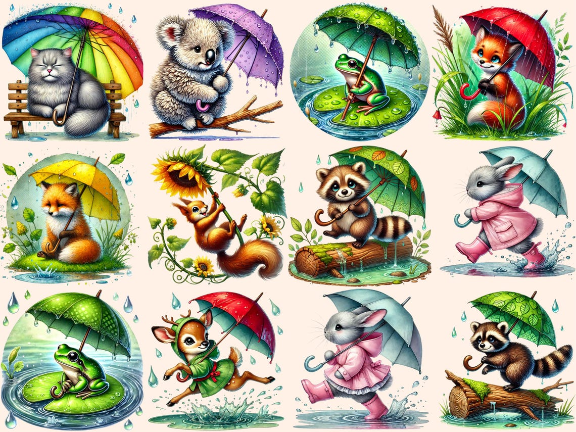 Rainy Day Animals Clipart – 30 PNG Illustrations (digital Download) - Etsy