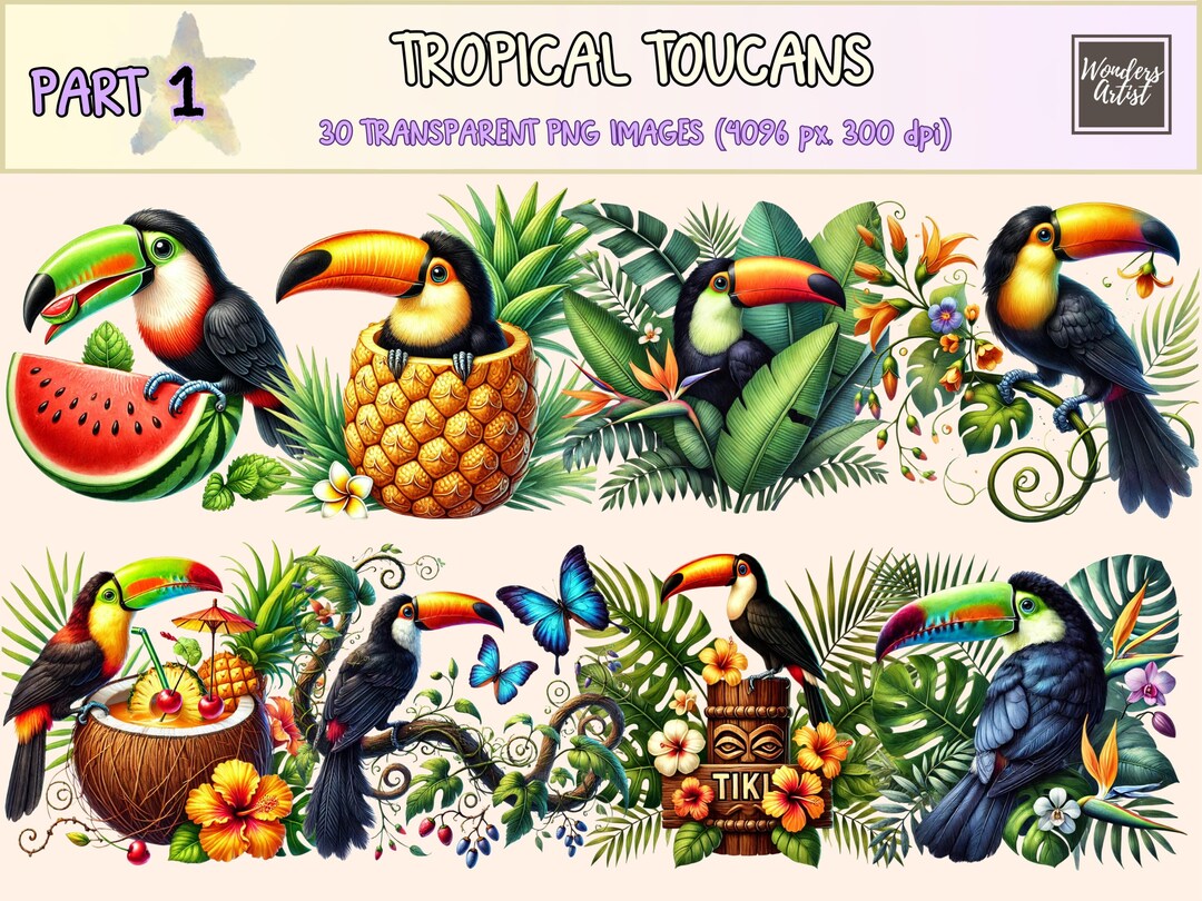 Tropical Toucans Clipart - 30 PNG Exotic Bird Graphics, Colorful Jungle ...