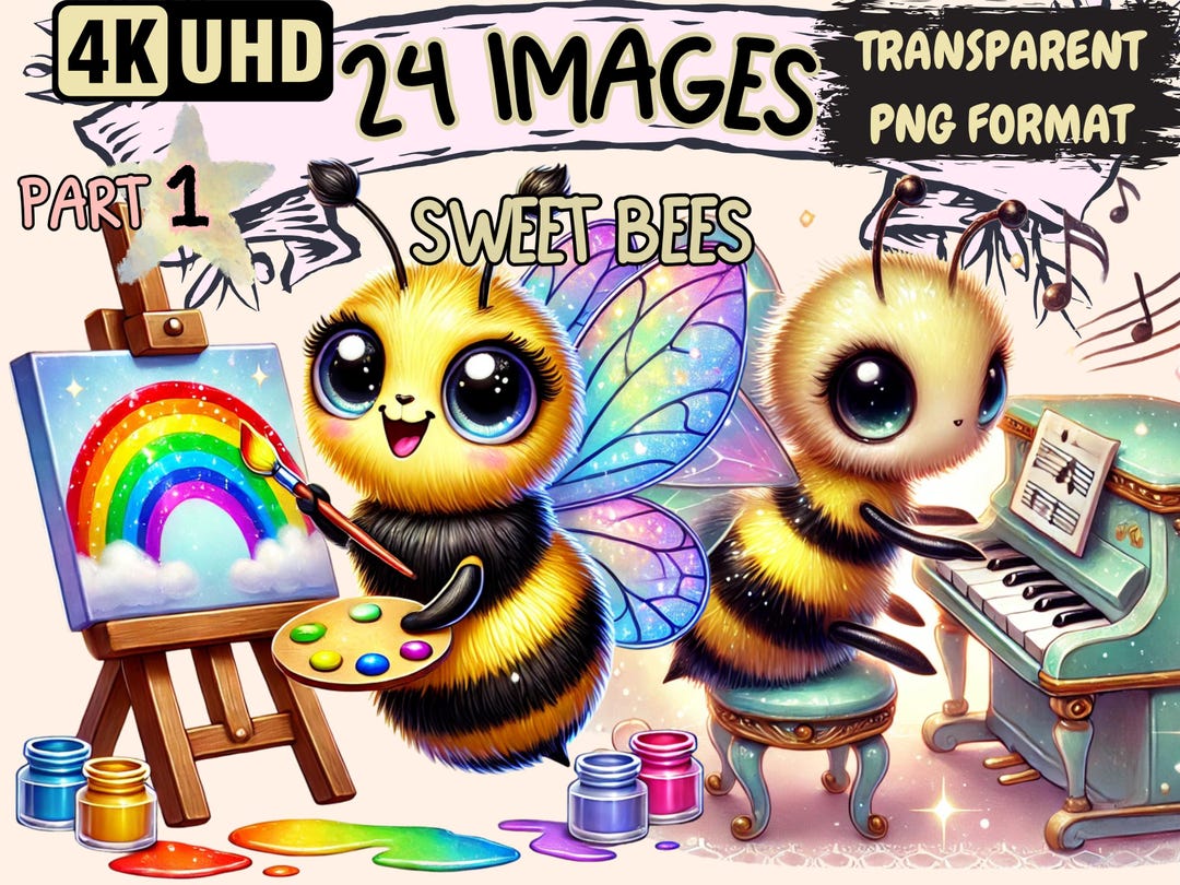 Sweet Bees Clipart - 24 PNG Adorable Bee Illustrations, Cute Honey Bee ...