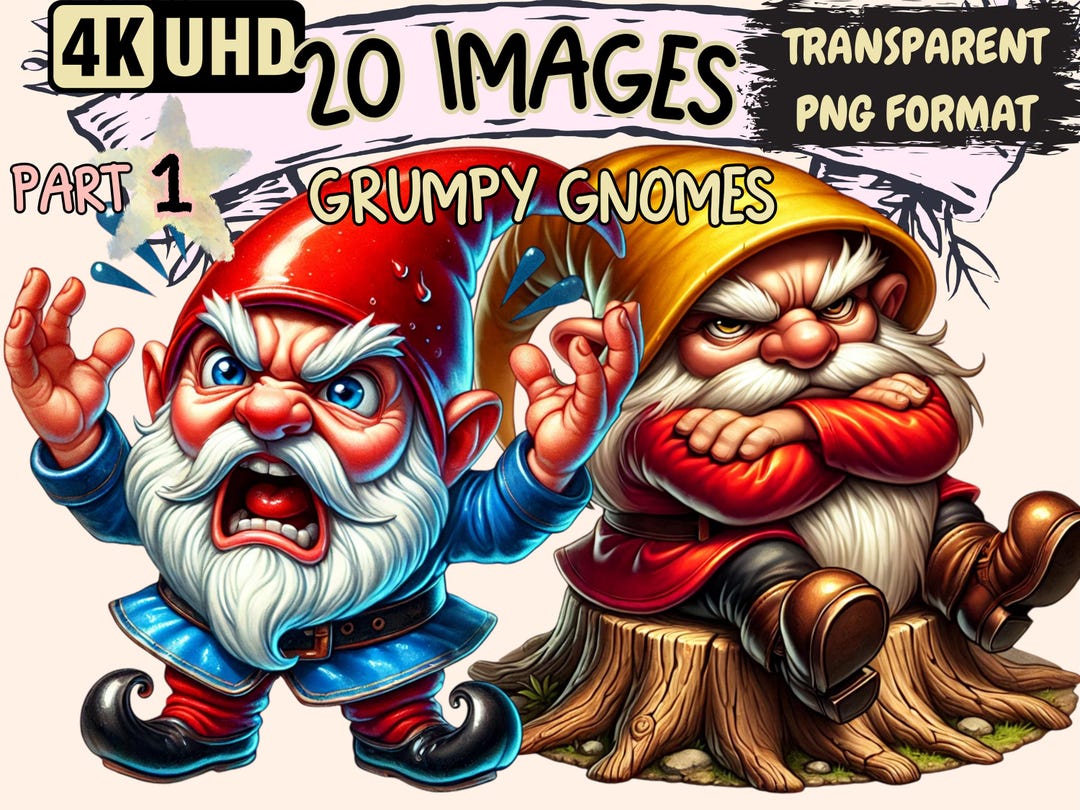 Grumpy Gnomes Clipart - 20 PNG Moody Angry Gnome Illustrations, Adorable Art, Instant Digital ...