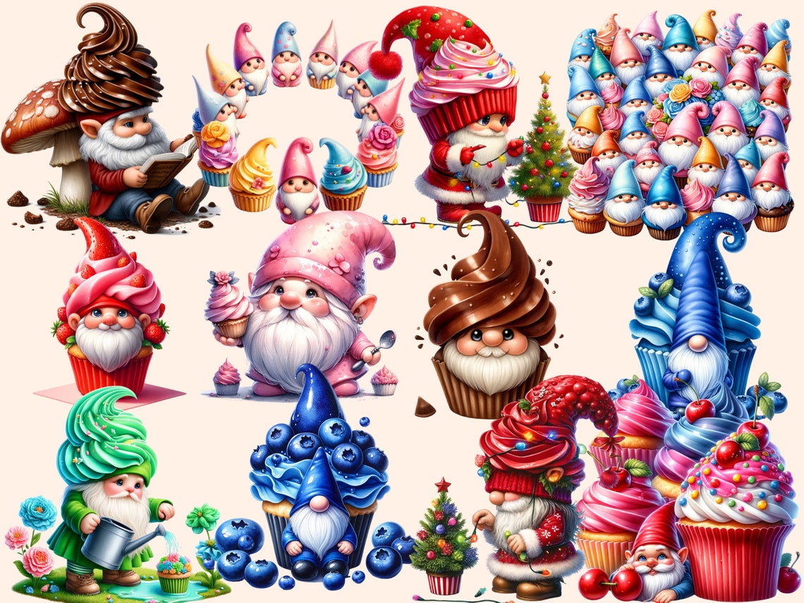 Cupcake Gnomes Clipart – 28 PNG Sweet Dessert Graphics (digital ...