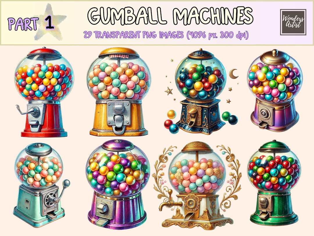 Gumball Machines Clipart - 29 PNG Retro Candy Graphics, Kids Vintage ...