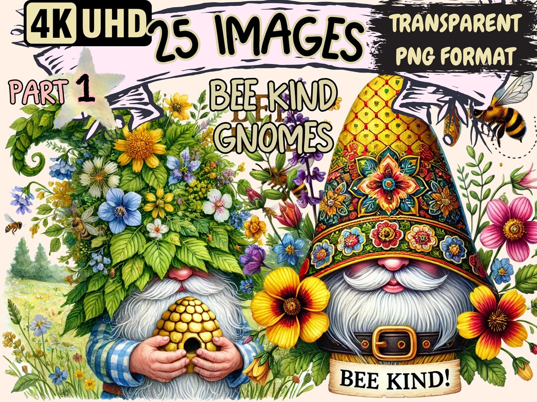 Bee Kind Gnomes Clipart - 25 PNG Whimsical Gnome Graphics, Bee ...