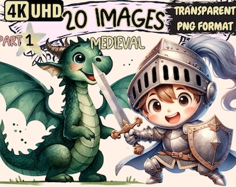 Medieval Clipart - 20 PNG Adorable Knight and Dragons Graphics, Cute ...