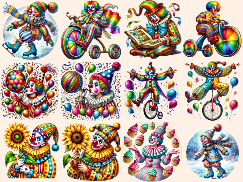 Colorful Circus Clown Clipart – 25 PNG Illustrations (digital Download ...