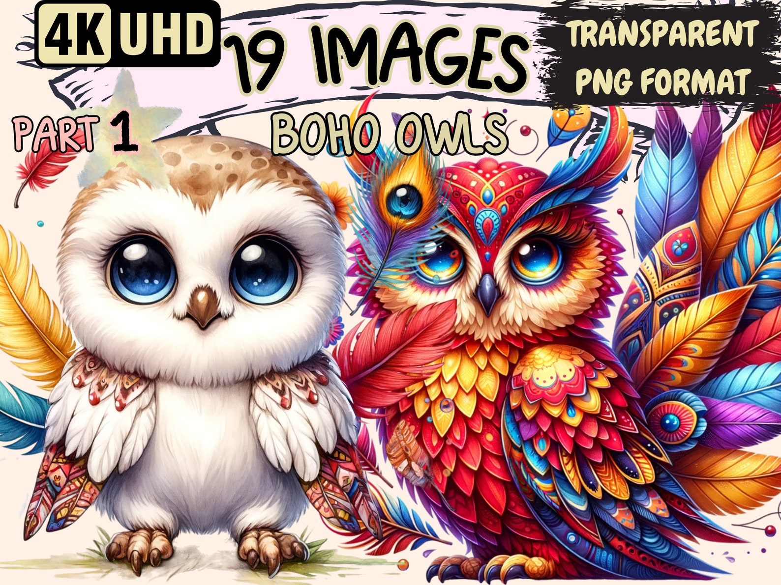 Boho Owls Clipart – 19 Whimsical PNG Graphics, Commercial Use (digital ...