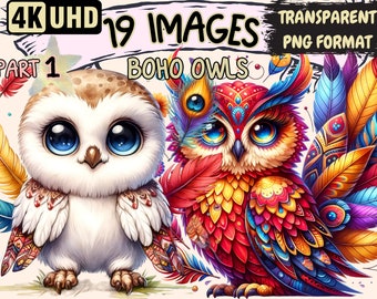 Boho Owls Clipart – 19 Whimsical PNG Graphics, Commercial Use (digital ...
