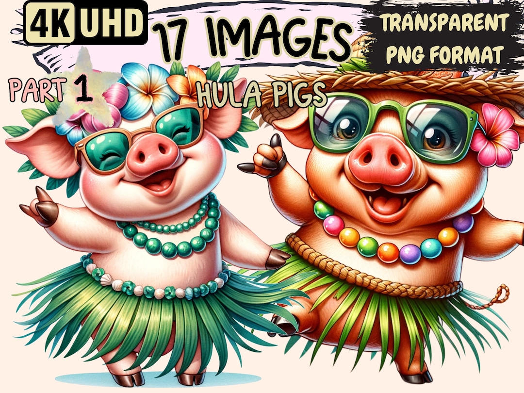 Hula Pigs Clipart - 17 PNG Tropical Pig Graphics, Colorful Hawaii Piggy ...