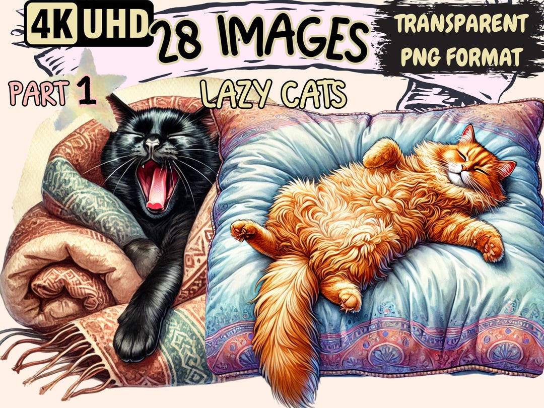 Lazy Cats Clipart - 28 PNG Cute Relaxing Feline Illustrations, Cozy Cat ...
