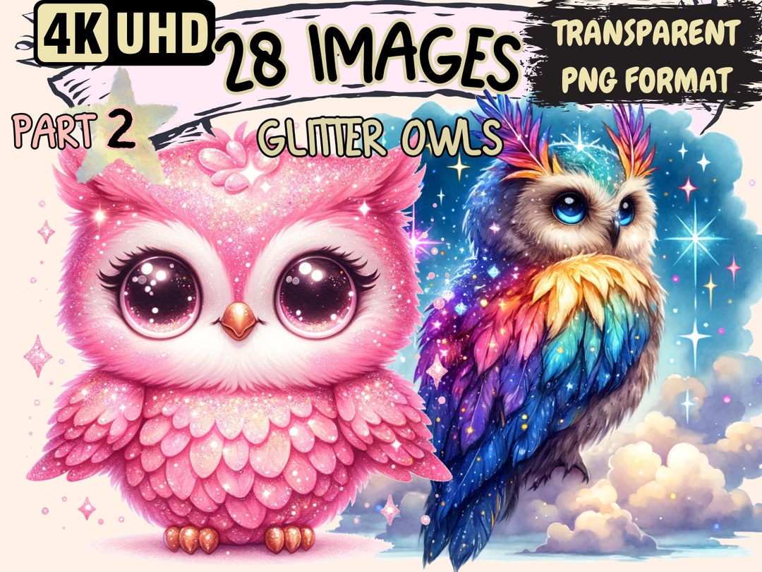 Glitter Owls Clipart – 28 Sparkling PNG Graphics, Commercial Use ...