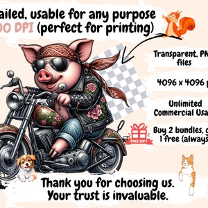 Biker Pigs Clipart Bundle - 19 PNG Motorcycle Piggy Graphics, Heavy ...