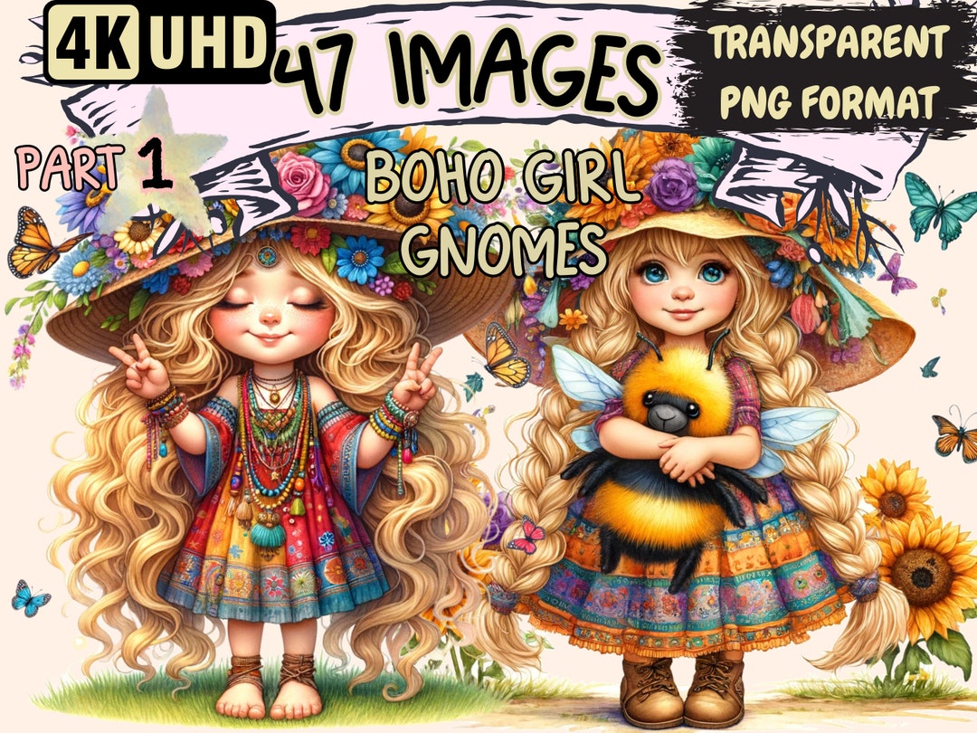 Boho Girl Gnomes Clipart - 47 PNG Whimsical Gnome Graphics, Bohemian ...
