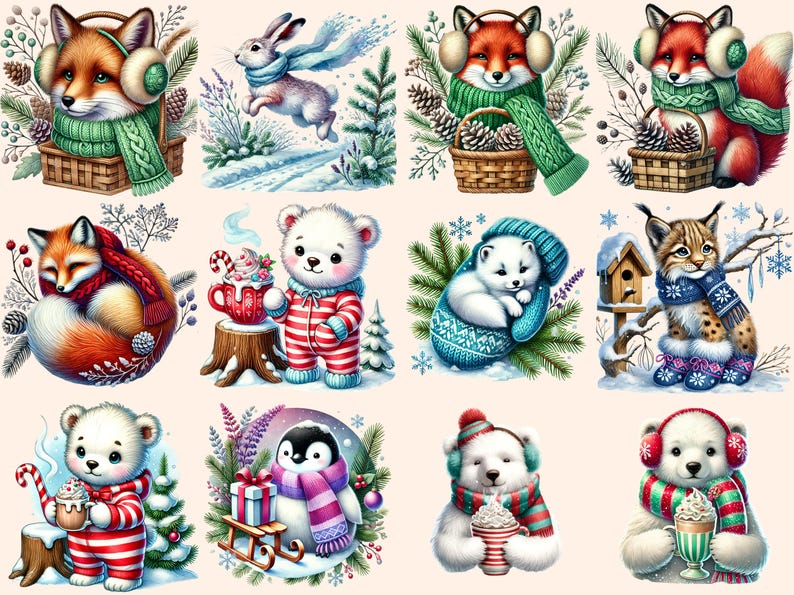 Snowy Critters Clipart – Winter Woodland Animals, 66 PNG (digital ...
